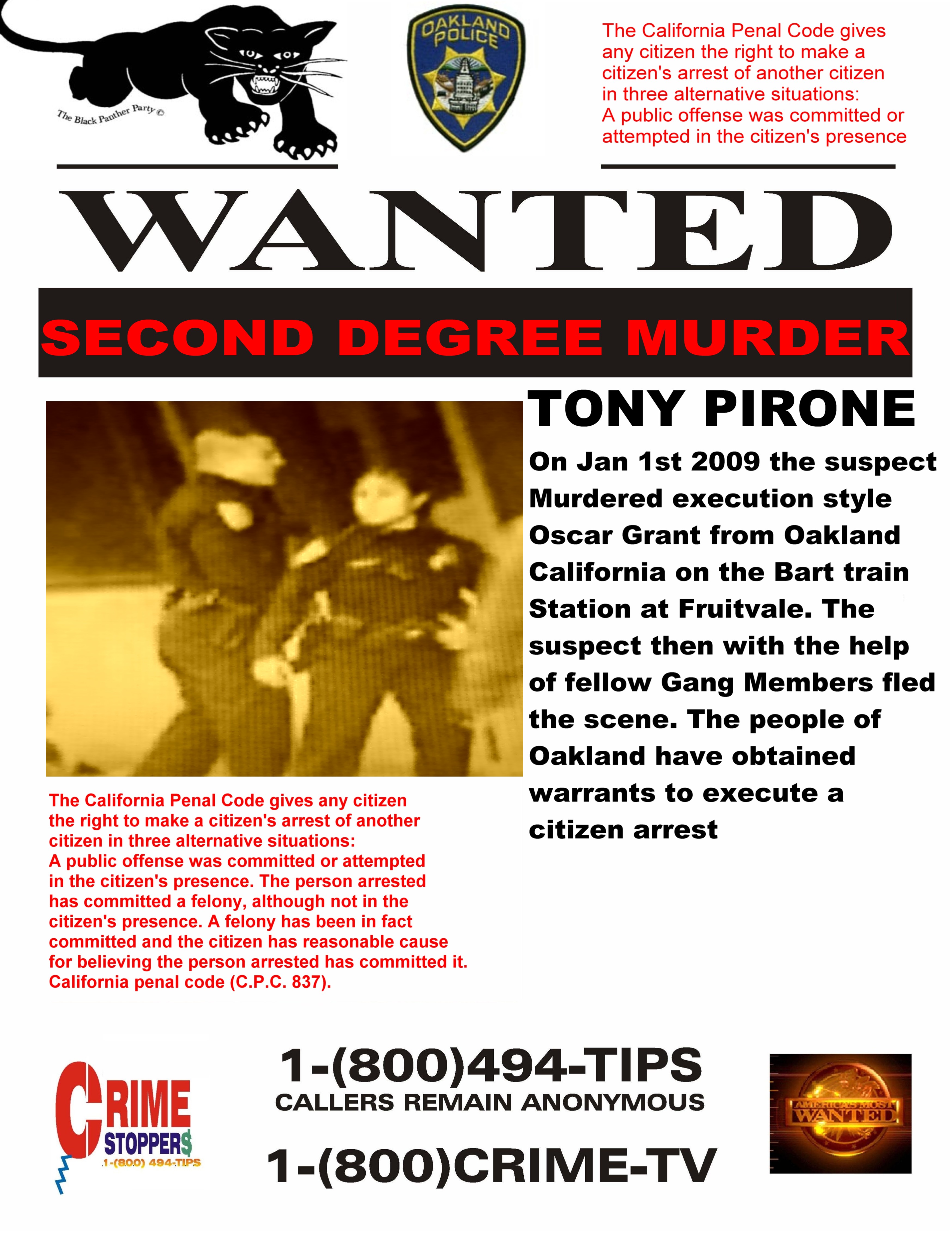 Tony Pirone Wanted Poster : Indybay