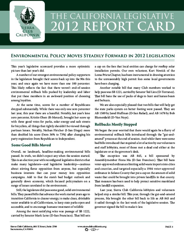 Sierra Club California's 2012 Legislative Report Card : Indybay