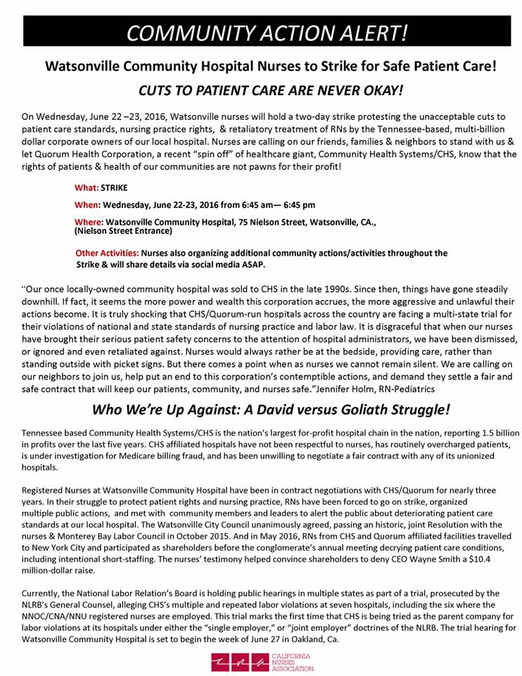 Watsonville Community Hospital Nurses to Strike for Safe Patient Care ...